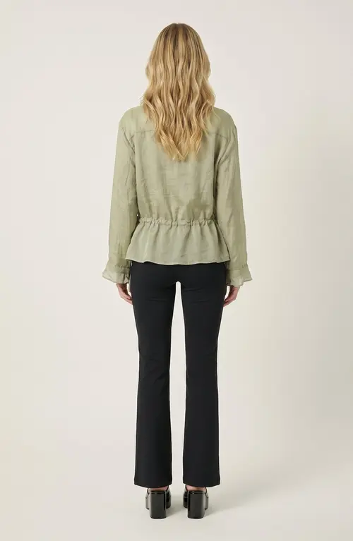 MODENAIRE Embroidered Ruffle Trim Blouse With Drawstring Waist And Flared Cuffs