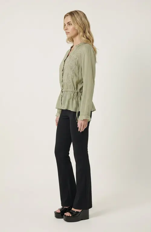 MODENAIRE Embroidered Ruffle Trim Blouse With Drawstring Waist And Flared Cuffs