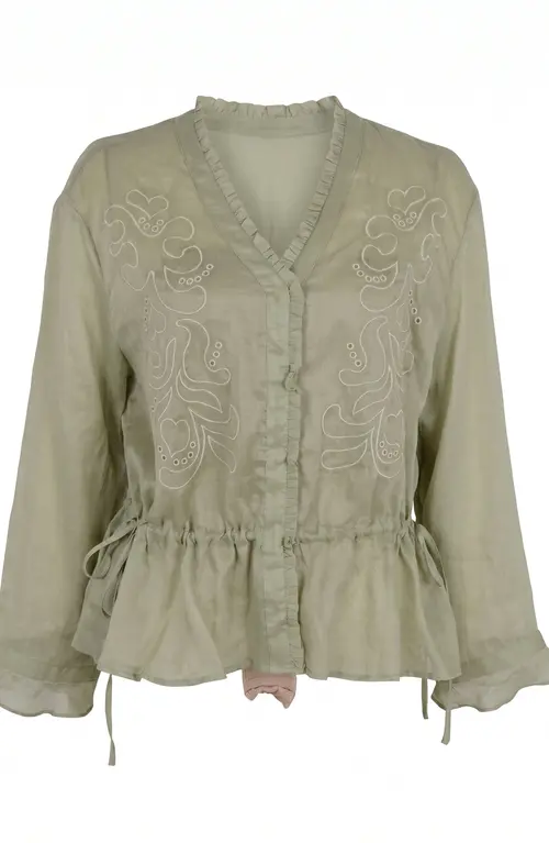 MODENAIRE Embroidered Ruffle Trim Blouse With Drawstring Waist And Flared Cuffs