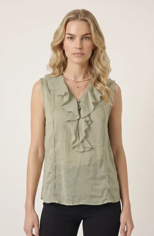 MODENAIRE Sleeveless Ruffle Front Blouse With Lace Inset Trim And V Neckline - Green