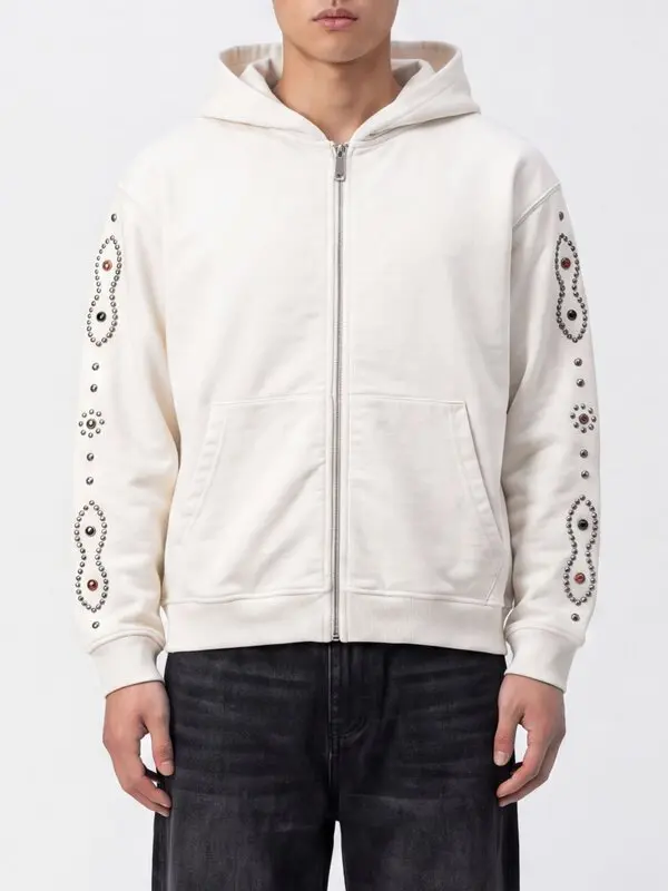 HTC LOS ANGELES Zip-up Cotton Hoodie With Stud Embellishments - White