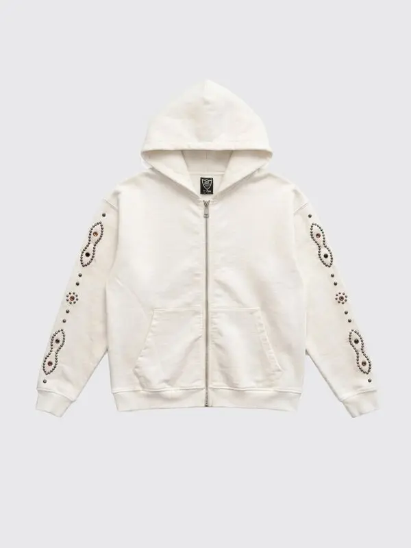 HTC LOS ANGELES Zip-up Cotton Hoodie With Stud Embellishments - White