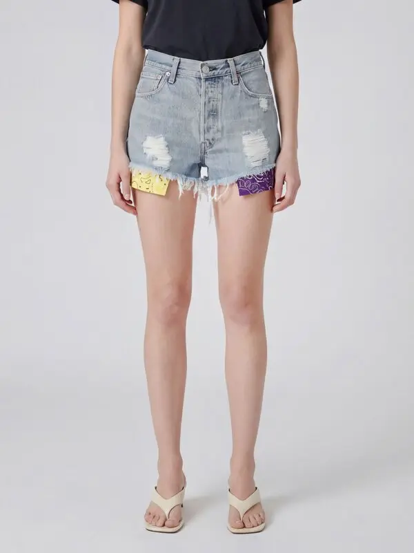 HTC LOS ANGELES High-waisted Shorts With Raw-cut Hem And Bandana Motif - Denim