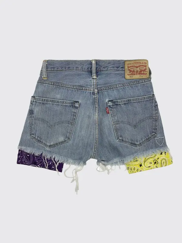HTC LOS ANGELES High-waisted Shorts With Raw-cut Hem And Bandana Motif - Denim