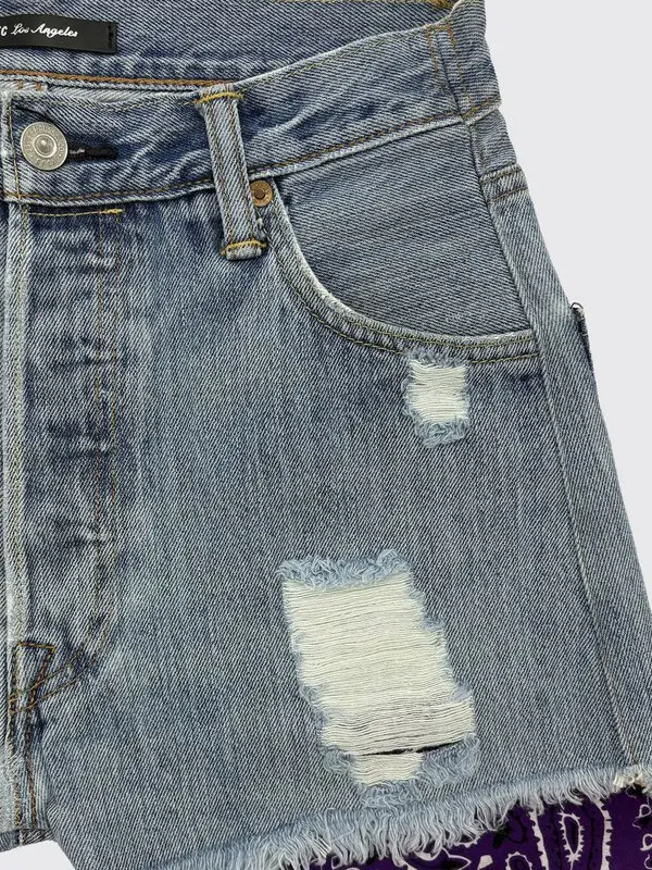 HTC LOS ANGELES High-waisted Shorts With Raw-cut Hem And Bandana Motif - Denim