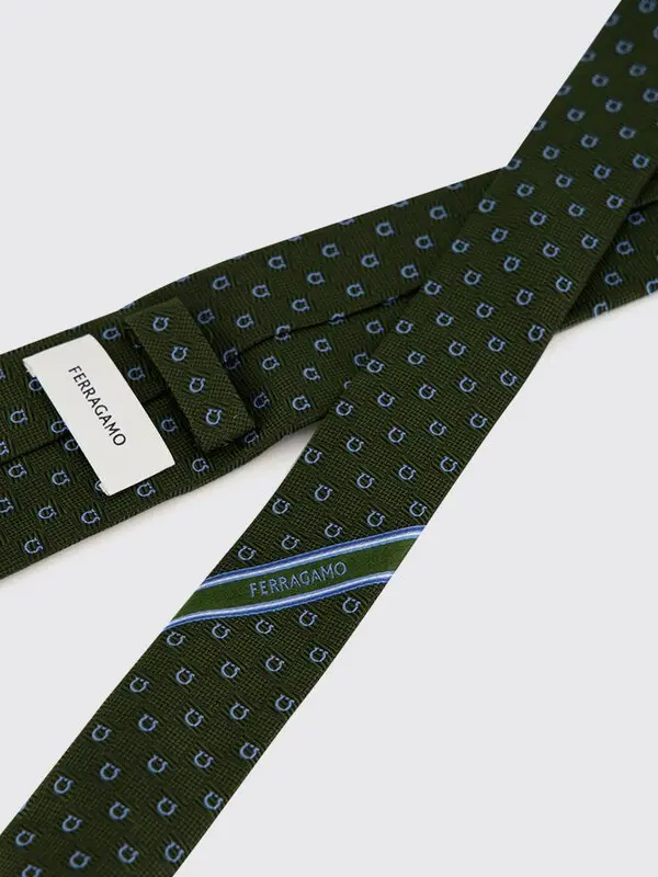FERRAGAMO All-over Gancini Monogram Pattern Pure Silk Tie - Green