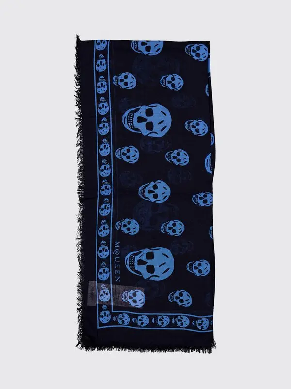 Alexander McQueen Skull Print Modal And Silk-blend Scarf With Fringed Edges - Blue