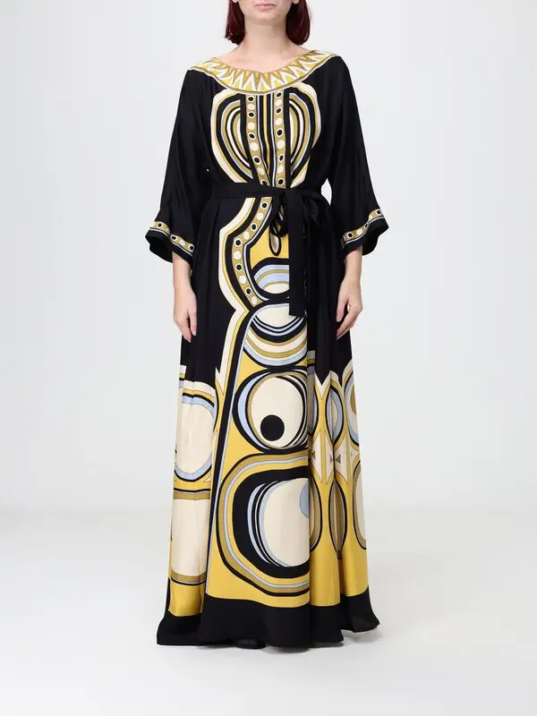 La DoubleJ Ethnic Print Silk Long Evening Gown With A Tie-waist Belt