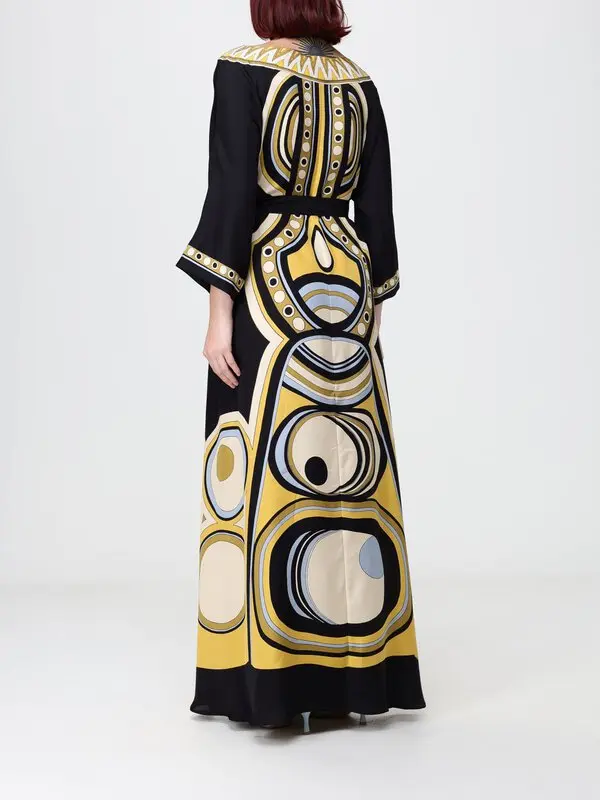 La DoubleJ Ethnic Print Silk Long Evening Gown With A Tie-waist Belt