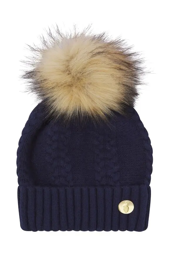 HORTONS ENGLAND Cable Knit Navy Cashmere Pom Pom Hat - Blue