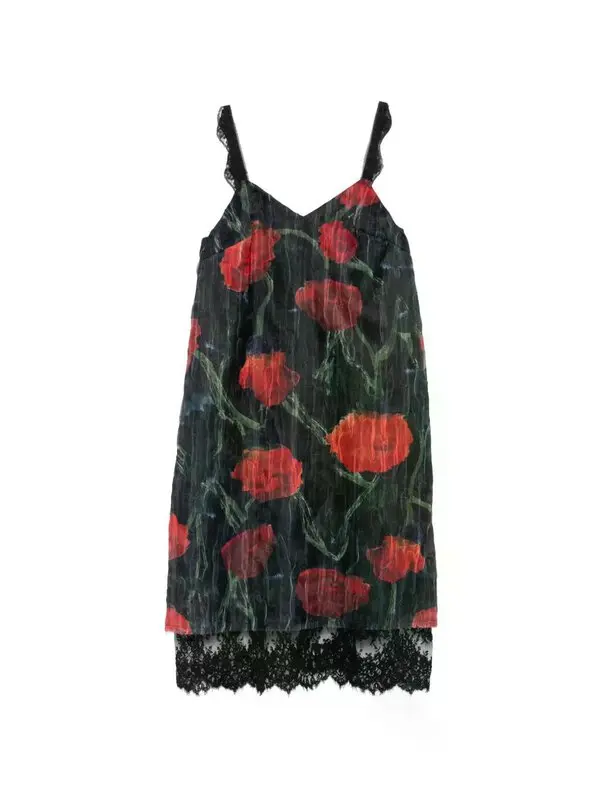 WILLY CHAVARRIA Fondo Floral-pattern Lace-trim Midi Dress - Black