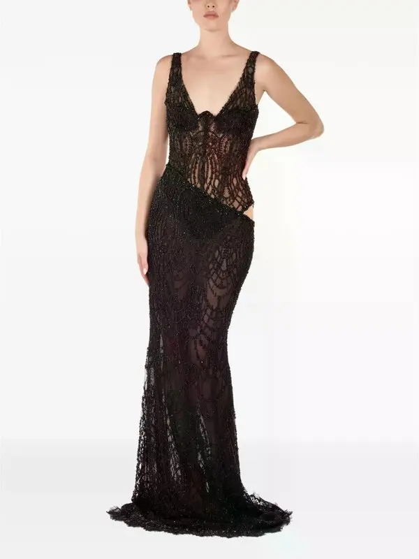 ANDREEA VENECIUC Noire Elise Bead-embellished Lace Maxi Dress - Black