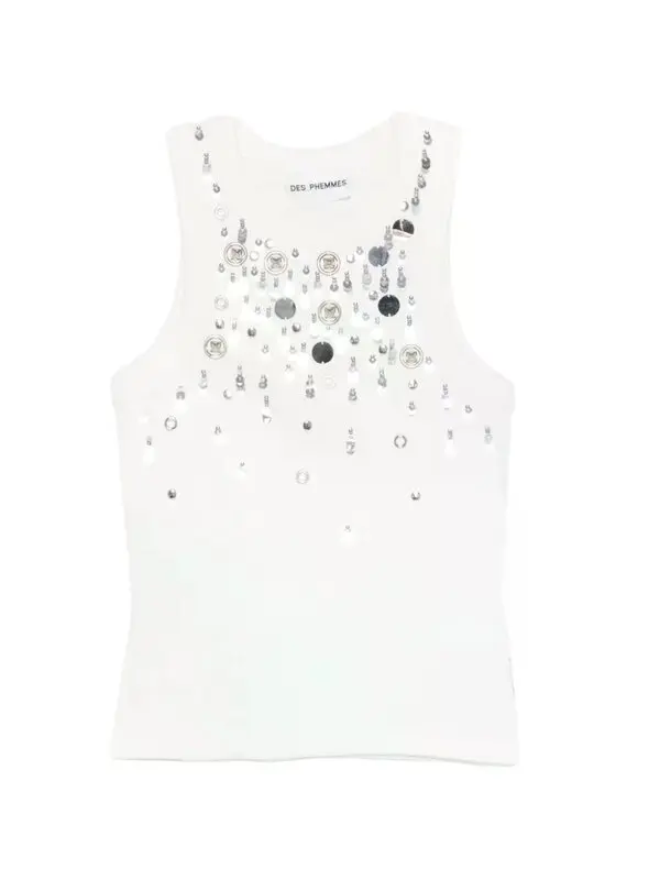 DES_PHEMMES Embellished Ribbed Tank Top - White