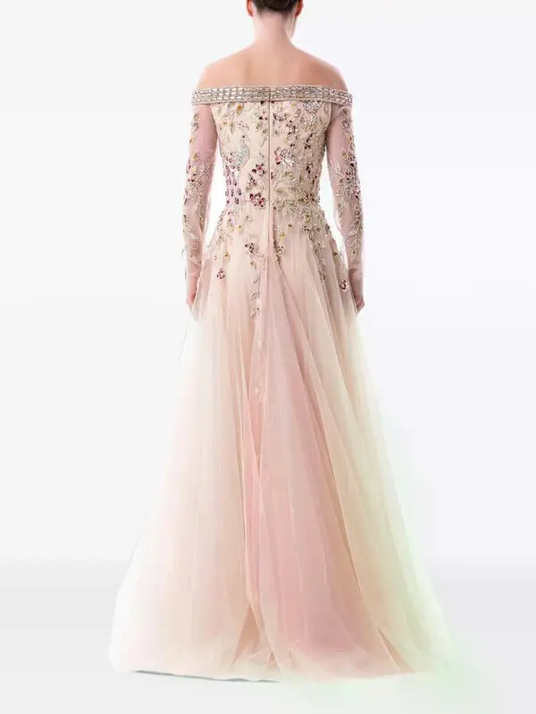 DINA MELWANI Peacock-embroidered Off-shoulder Maxi Dress