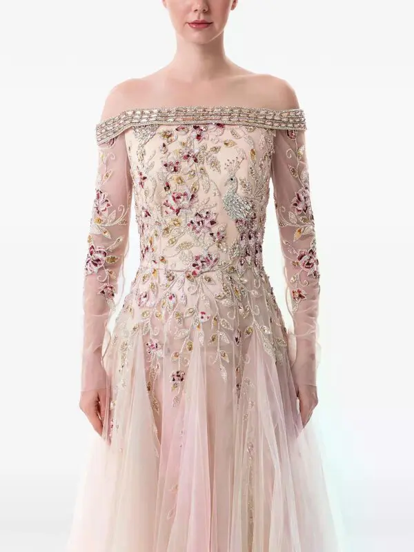 DINA MELWANI Peacock-embroidered Off-shoulder Maxi Dress