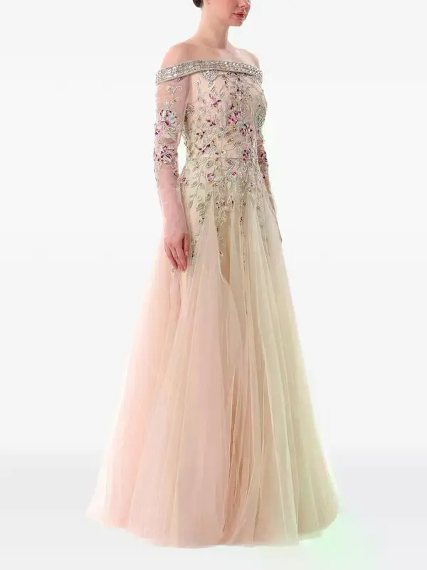 DINA MELWANI Peacock-embroidered Off-shoulder Maxi Dress - Neutrals