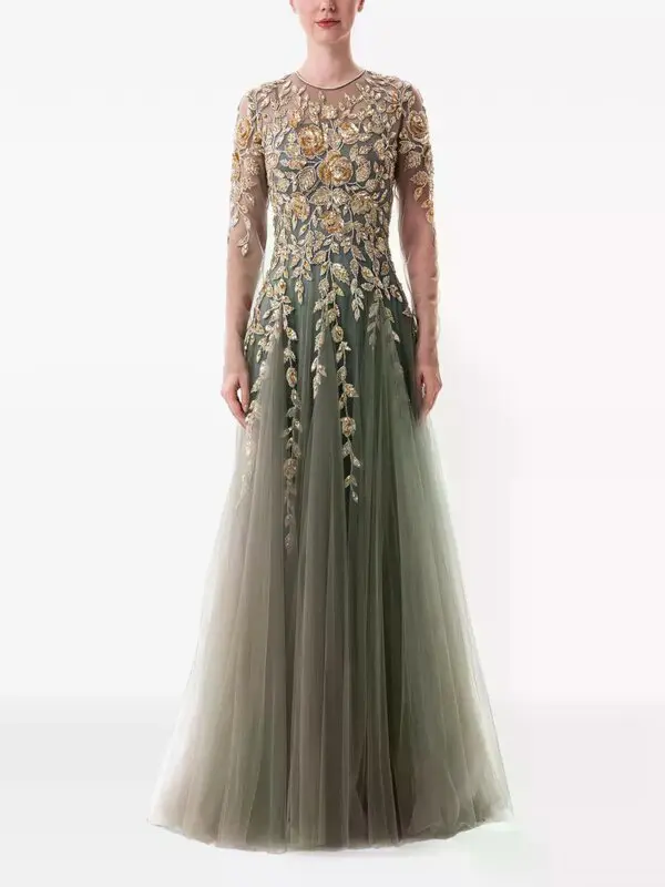 DINA MELWANI Floral-embroidered Chiffon Maxi Dress - Green