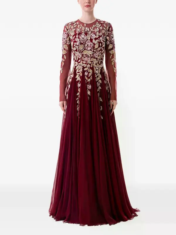 DINA MELWANI Floral-embroidered Chiffon Maxi Dress