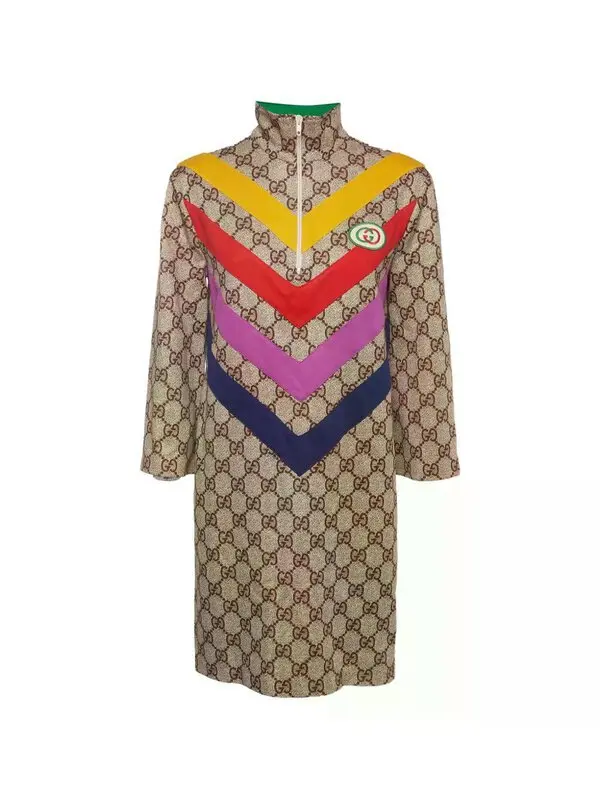 Gucci Gg Supreme Chevron-striped Midi Dress - Neutrals