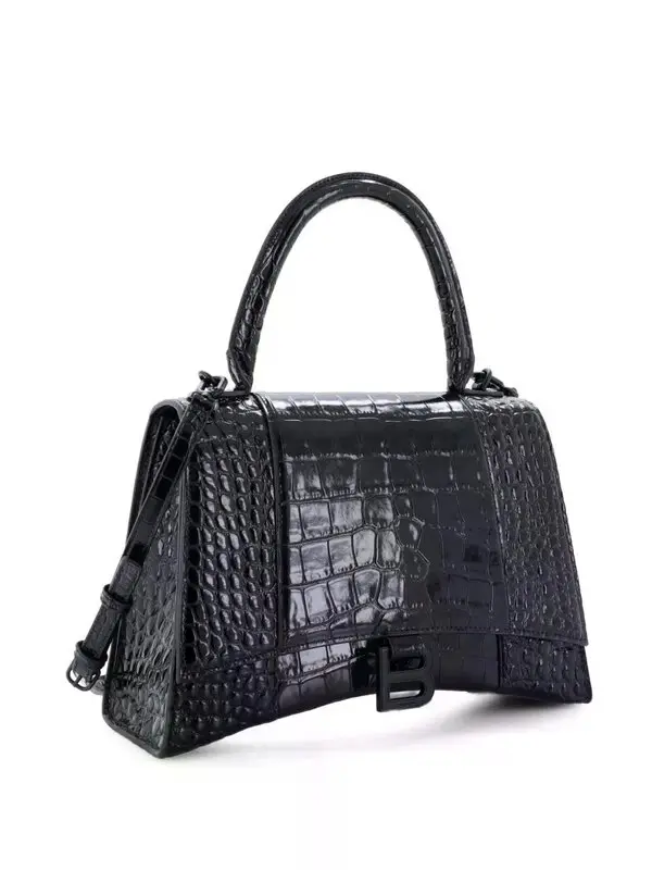 Balenciaga Hourglass Top Handle Bag Crocodile Embossed Leather Medium Crossbody Bag - Black