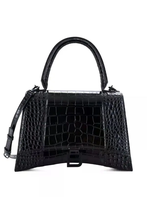 Balenciaga Hourglass Top Handle Bag Crocodile Embossed Leather Medium Crossbody Bag - Black