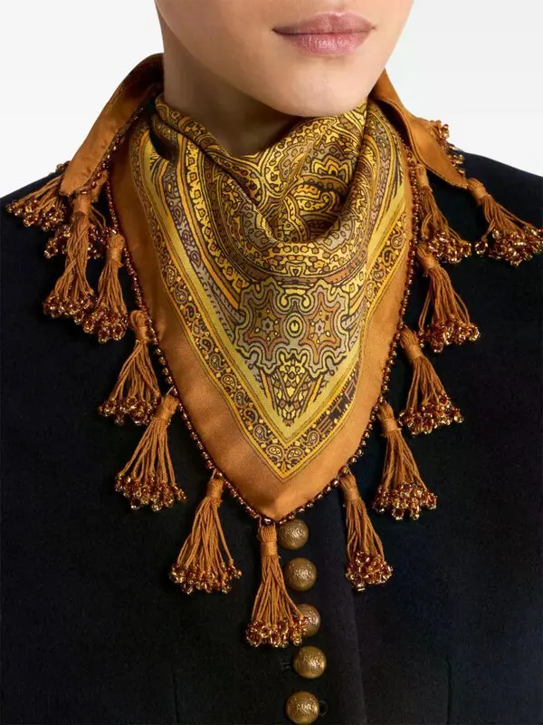 Etro Silk Bandana With Jewel Fringing And Symmetrical Motif - Yellow