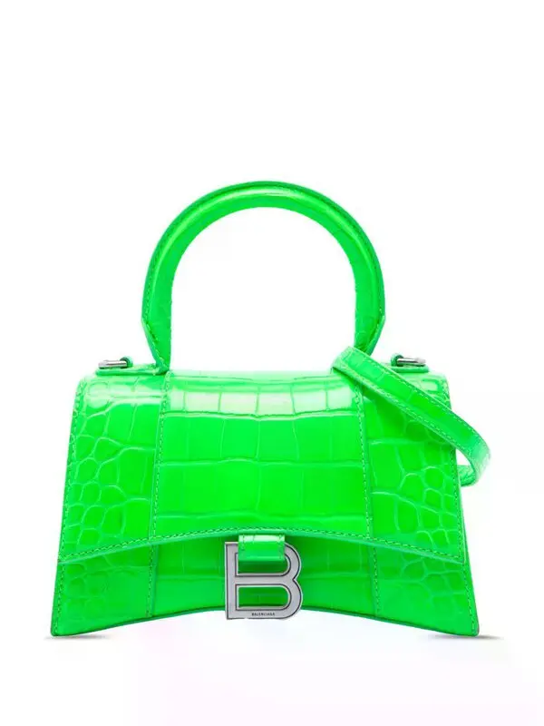 Balenciaga 2021 Croc Embossed Calfskin Hourglass Top Handle Bag Xs Satchel - Green