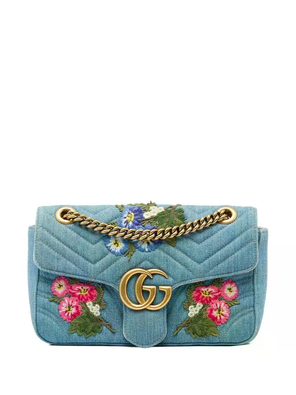 Gucci 2016-2026 Medium Gg Marmont Matelasse Denim Floral Embroidered Shoulder Bag