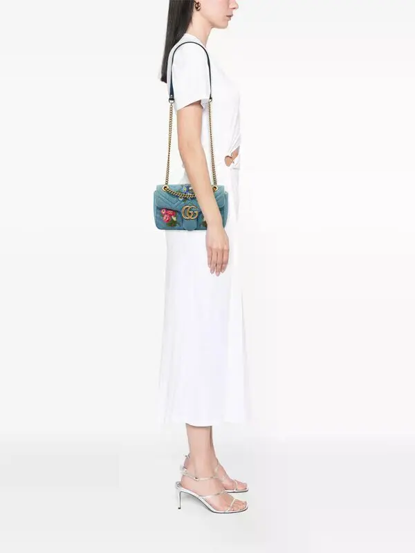 Gucci 2016-2026 Medium Gg Marmont Matelasse Denim Floral Embroidered Shoulder Bag