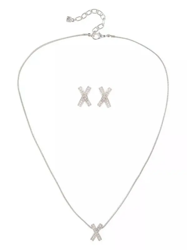 Nina Ricci 1990s Swarovski Crystal Embellished X Necklace And Earrings Set - Silver
