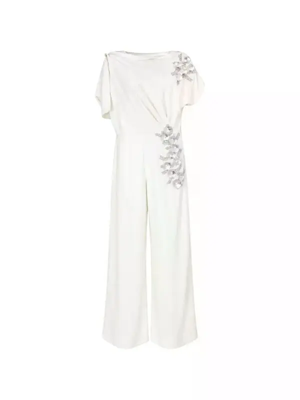 LOODYANA Floral-embroidered Short-sleeve Jumpsuit - White