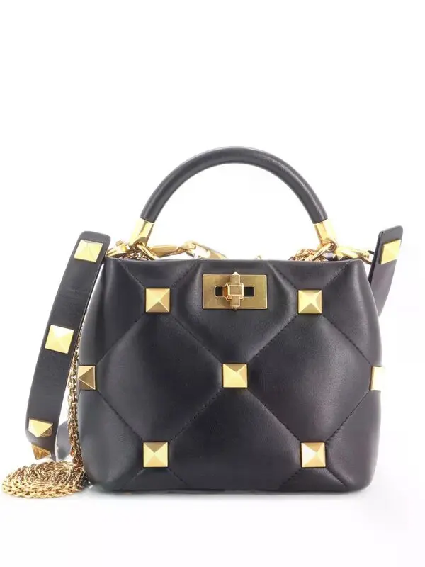 Valentino Garavani Roman Stud Top Handle Bag Quilted Leather Small Satchel - Black