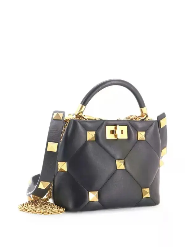 Valentino Garavani Roman Stud Top Handle Bag Quilted Leather Small Satchel - Black
