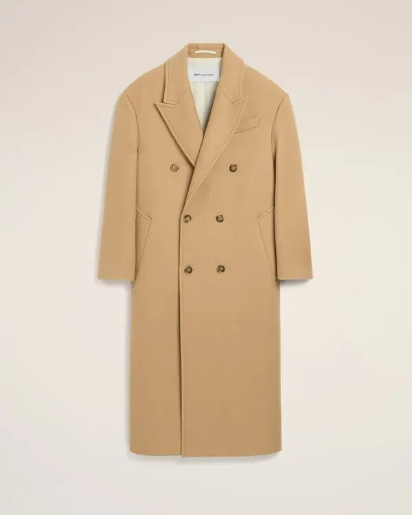 AMI Paris Long Beige Double Breasted Wool Coat Beige