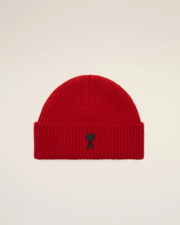 AMI Paris Red Wool Beanie With De Coeur Red