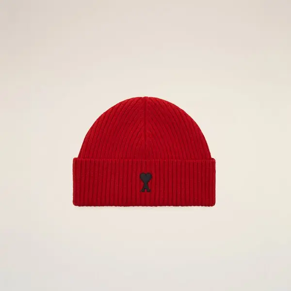 AMI Paris Red Wool Beanie With De Coeur Red