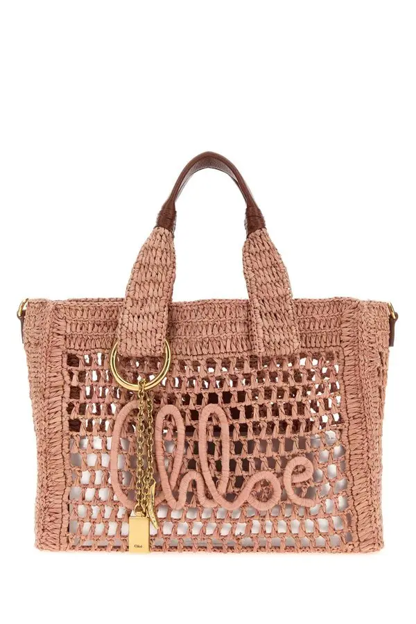 Chloé Style Antiqued Raffia Banana Shopping Handbag With Crossbody Strap - Pink