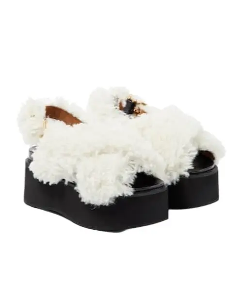 Marni Shearling-trimmed Leather Sandals - White