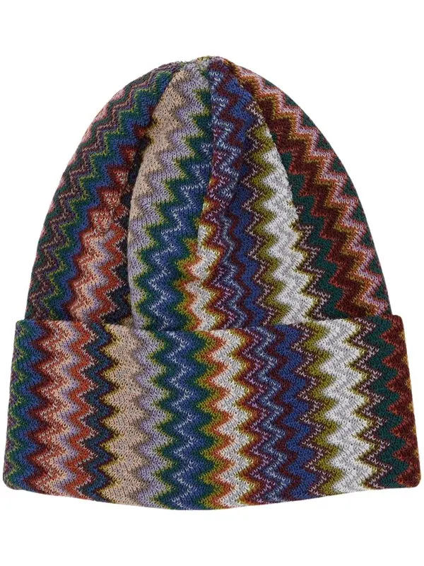 Missoni Jacquard Knit Beanie With Rolled Hem In Wool-acrylic Blend - Brown