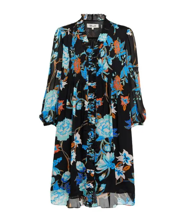 Diane Von Furstenberg Pleated Floral Dress - Black