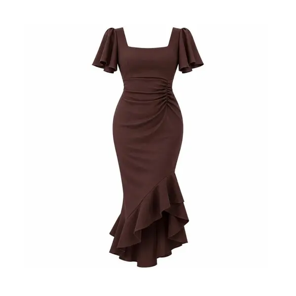 GIRL IN MIND Leona Square Neck Frill Midi Dress - Brown
