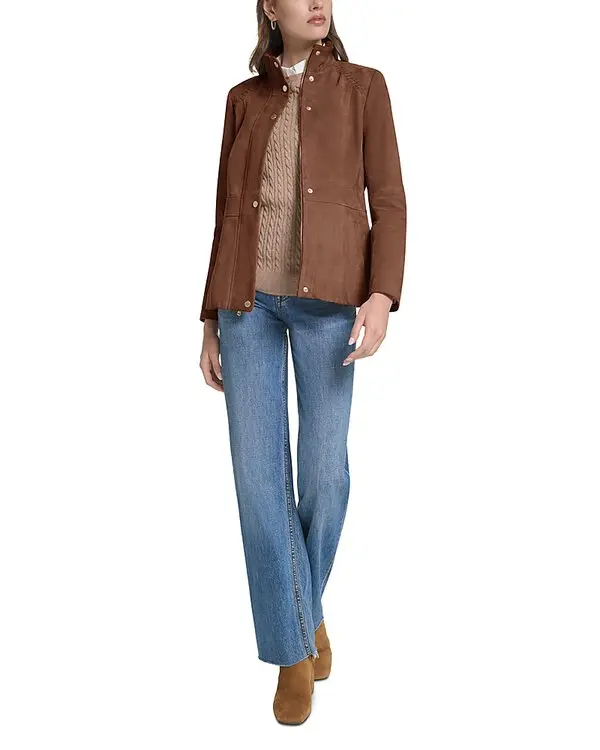 Cole Haan Stand Collar Suede Jacket - Chocolate