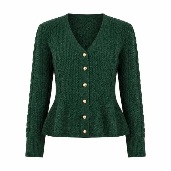 YUMI Cable Knit Peplum Cardigan - Green
