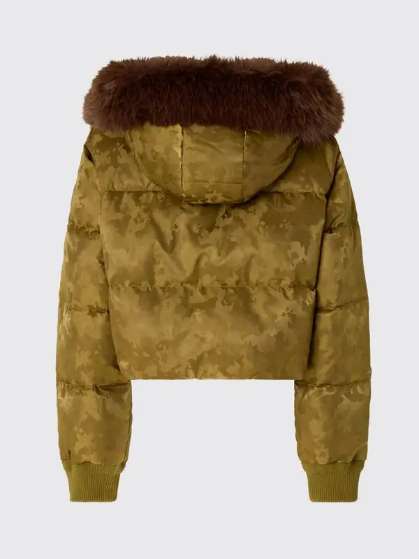 Pinko Quilted Camouflage Print Cropped Bomber Jacket With Shearling Hood