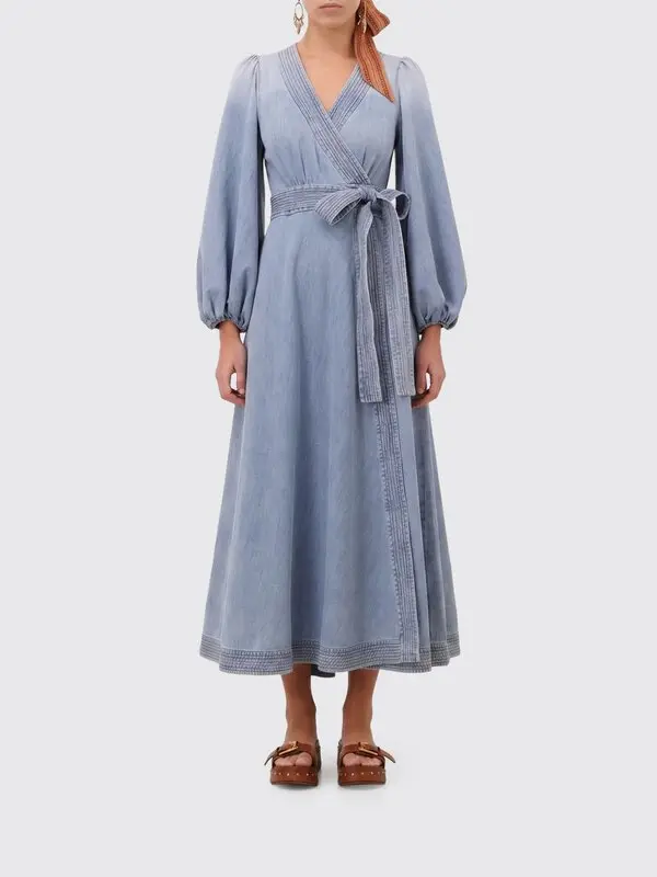 Zimmermann Indra Denim Midi Wrap Dress With Balloon Sleeves