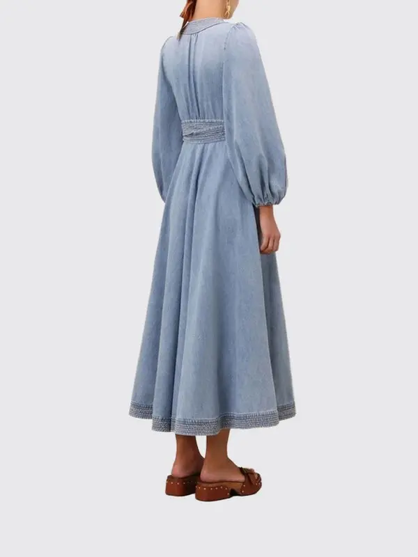 Zimmermann Indra Denim Midi Wrap Dress With Balloon Sleeves