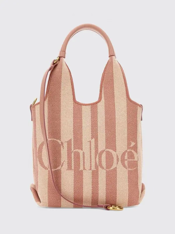 Chloé Striped Cotton Handbag With Jacquard Logo And Leather Handles - Beige