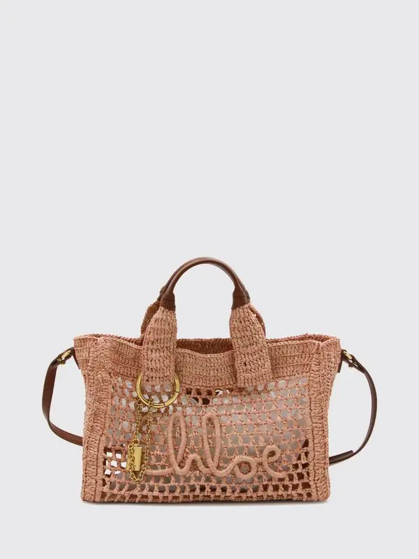 Chloé Summer Banana Handbag In Raffia With Embroidered Logo And Shoulder Strap - Sand