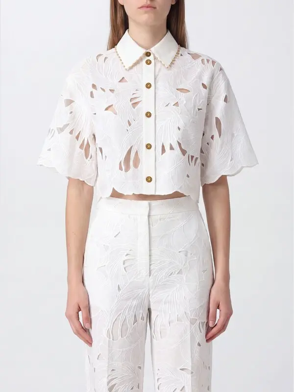 Zimmermann Mahon Short-sleeved Shirt In Cotton With Openwork Detailing