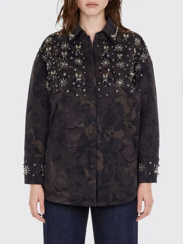 Pinko Floral Embroidered Cropped Shirt Jacket With Rhinestones